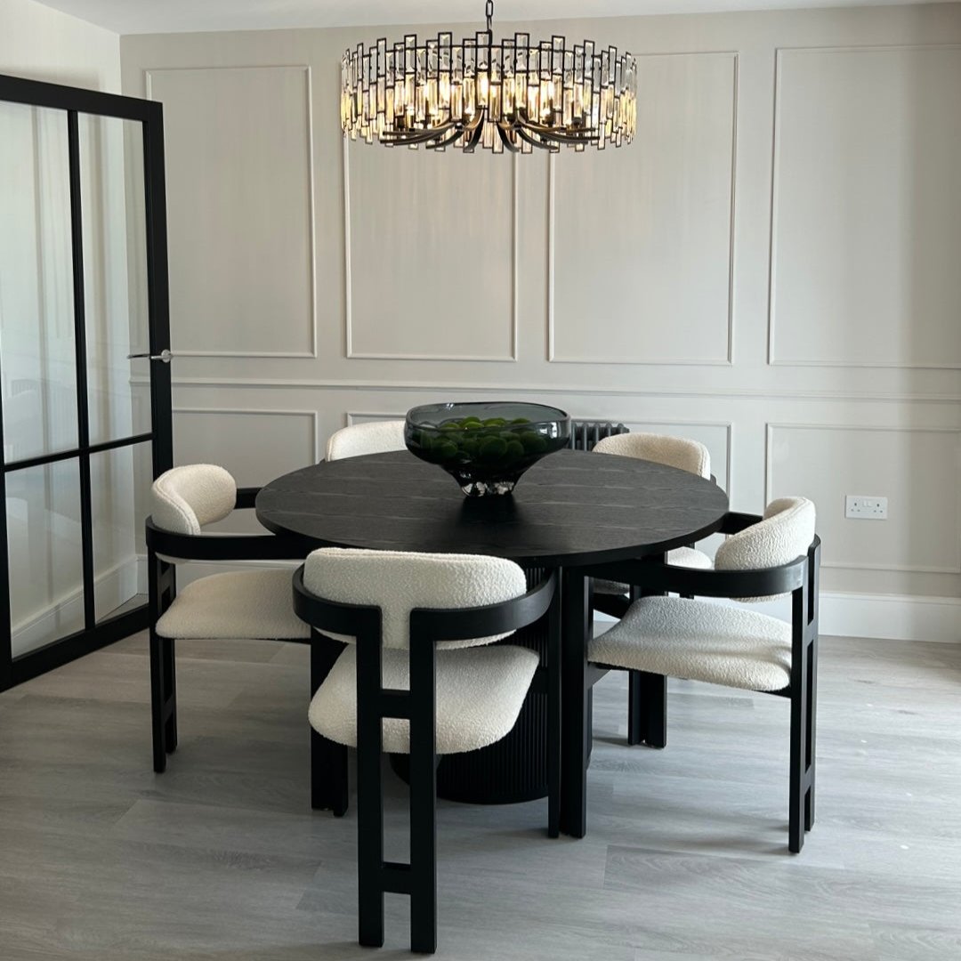 (pre-order) Luna Black Wood Round Dining Table & Rio Bouclé Chairs Set – Lush Interiors